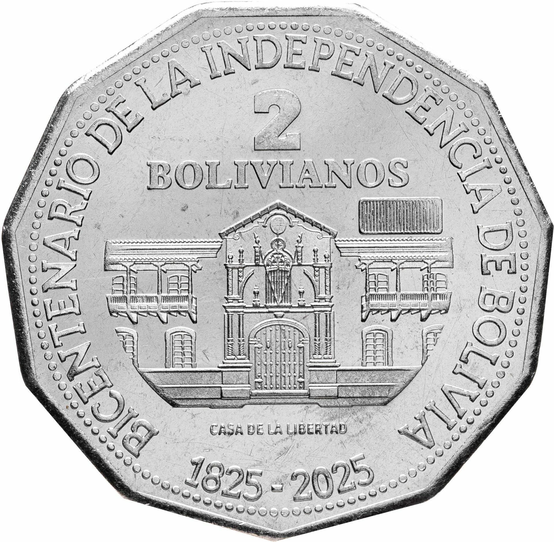 Боливия 2 боливиано 2025 "200 лет Независимости", Сталь, в сохранности UNC