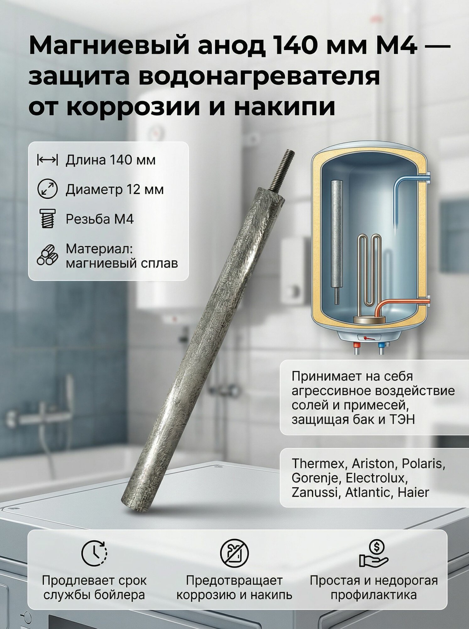 Анод магниевый 140 мм D12 резьба М4 для водонагревателя Thermex Ariston Polaris
