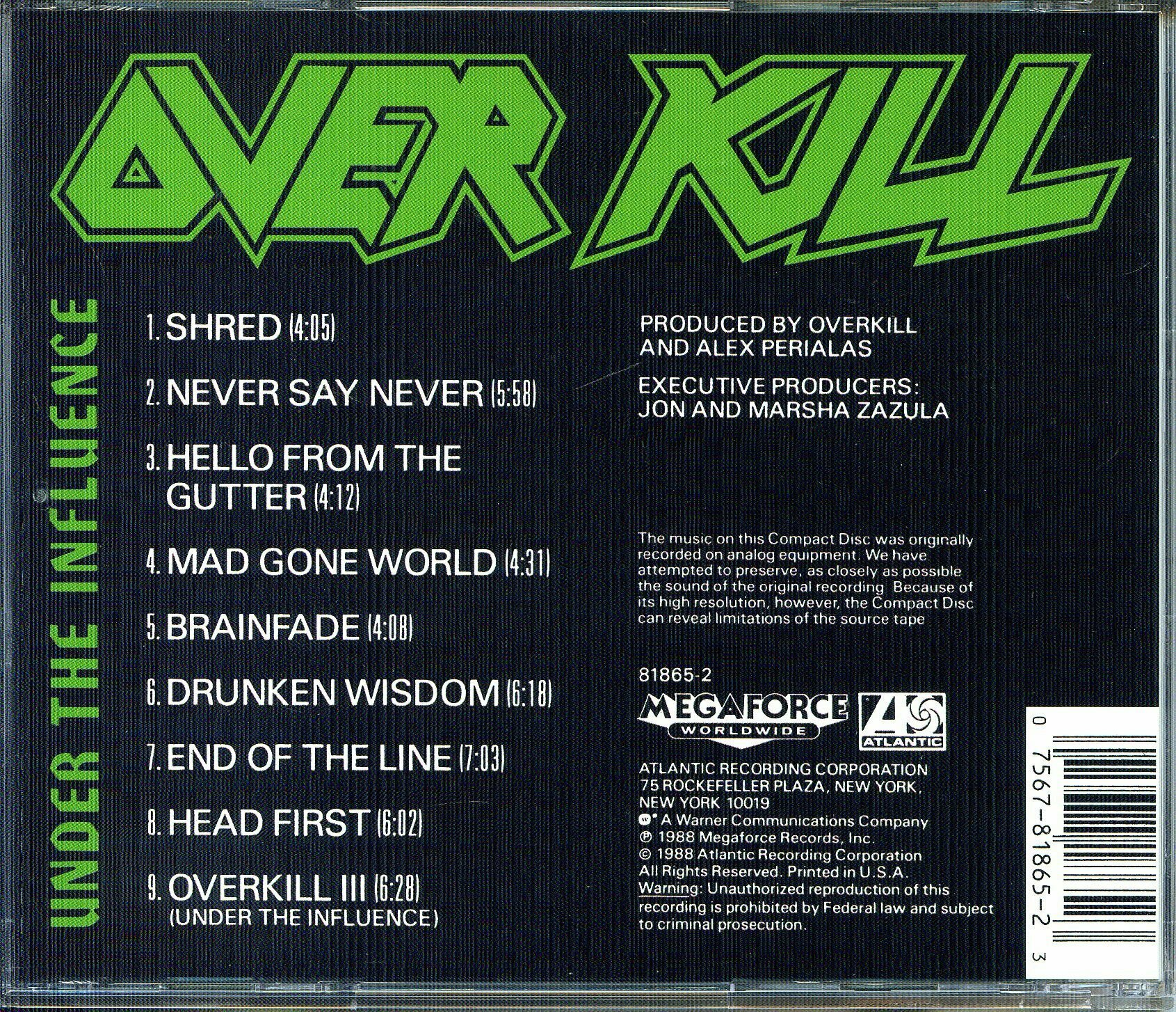 OVERKILL - Under The Influence 1988 г. Компакт диск — фото 1