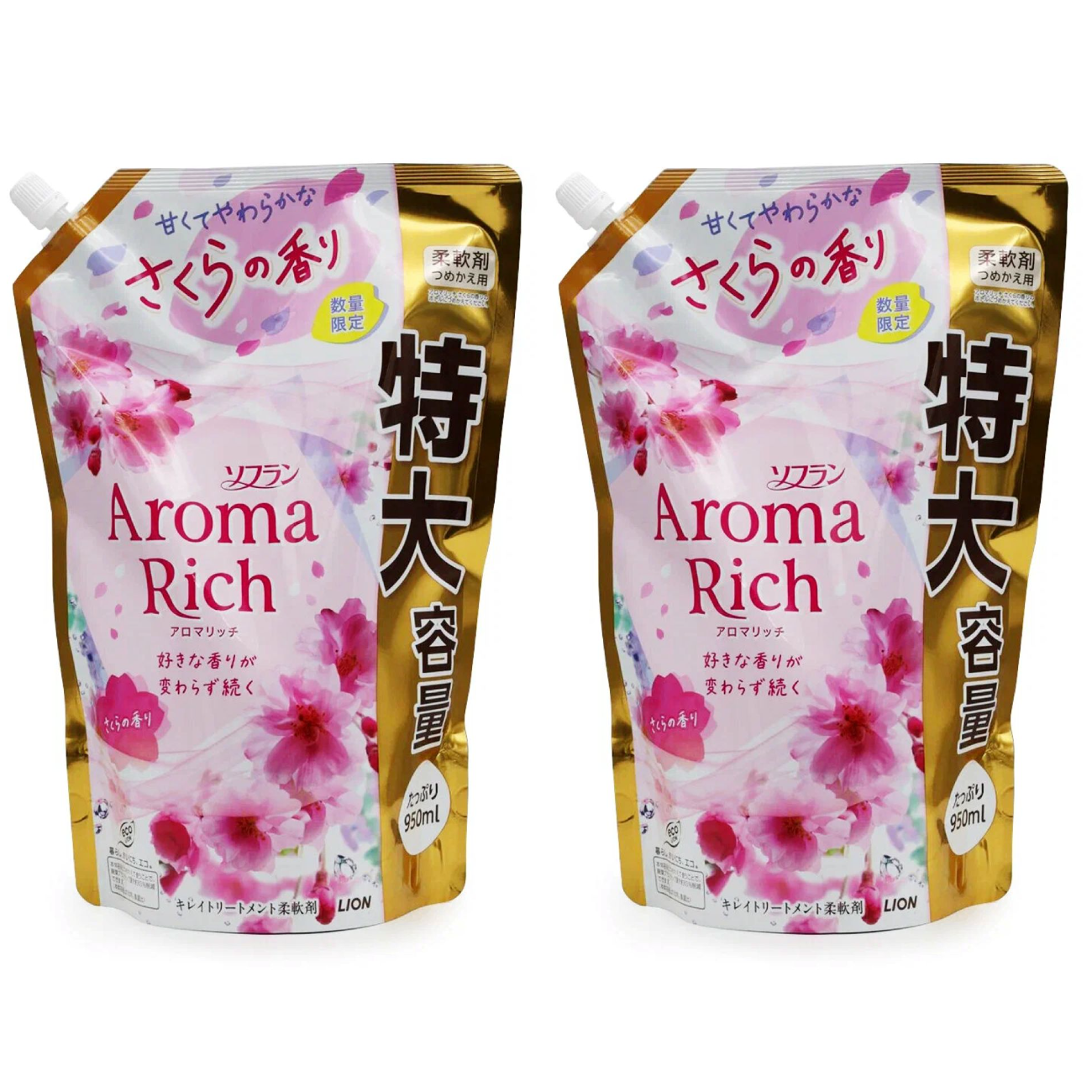 Кондиционер Lion для белья Сакура, с натуральными маслами Aroma Rich Sakura 305, 950 мл, 2 упаковки
