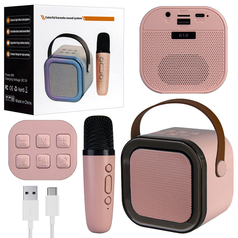 Караоке для детей, Bluetooth колонка + микрофон, 2000 mAh/500 mAh/RGB/AUX/micro SD/USB flesh, Розовый, K12