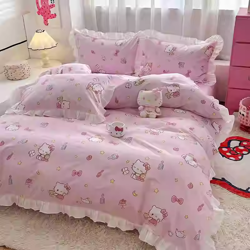 Пододеяльник Hello Kitty из 100% хлопка в стиле Ins, с кружевом, для сна без одежды, односпальный/двуспальный, в стиле