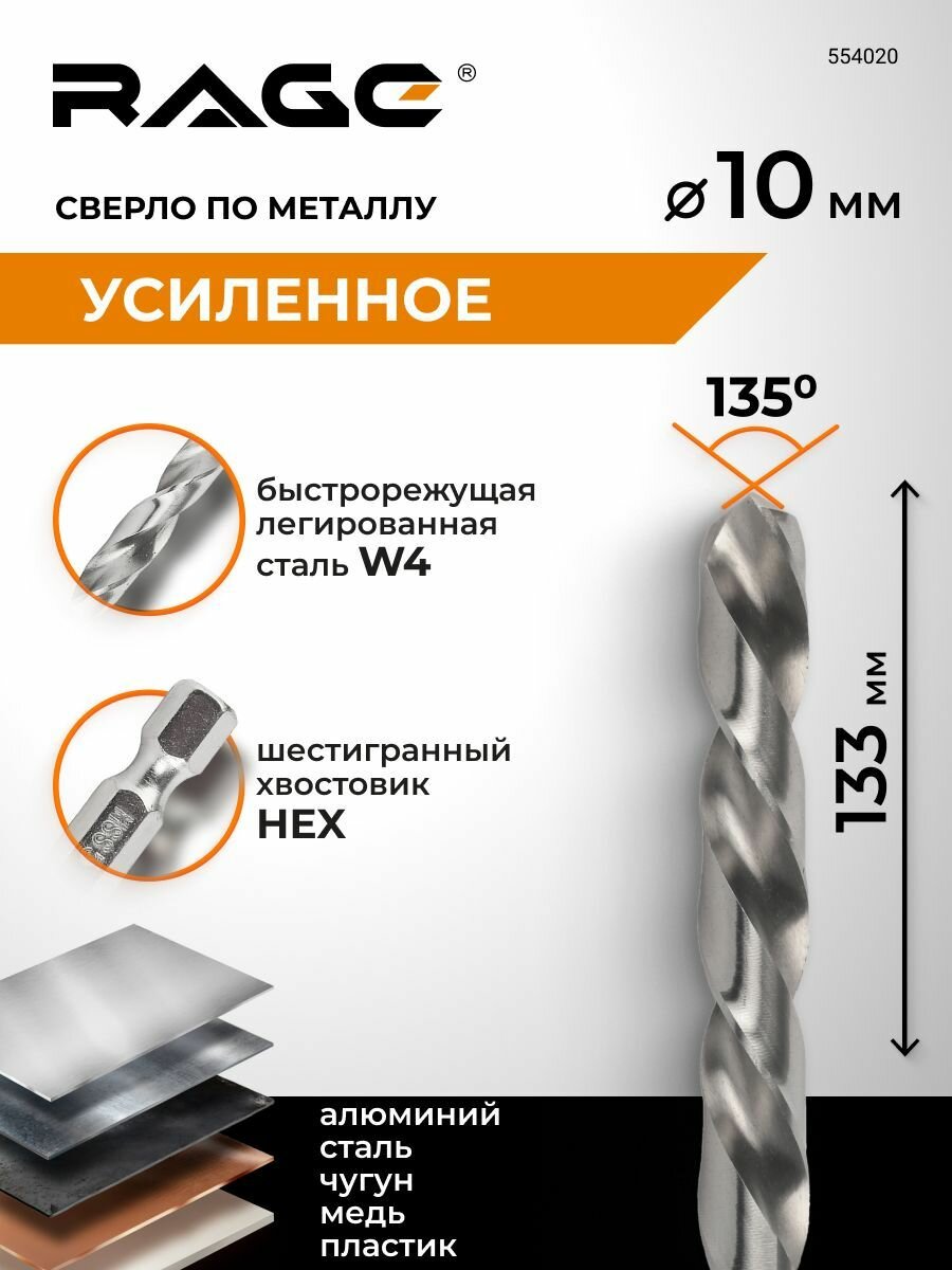 Сверло по металлу с шестигранным хвостовиком 10 мм RAGE by VIRA для металла шестигранный хвостовик