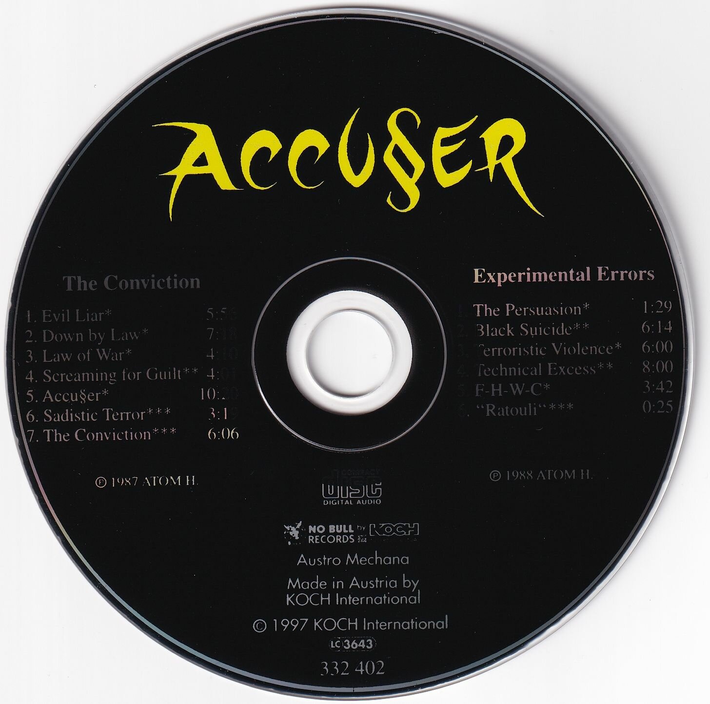 Accuser - The Conviction / Experimental Errors, 1997, 16-page, CD-Аудио — фото 1