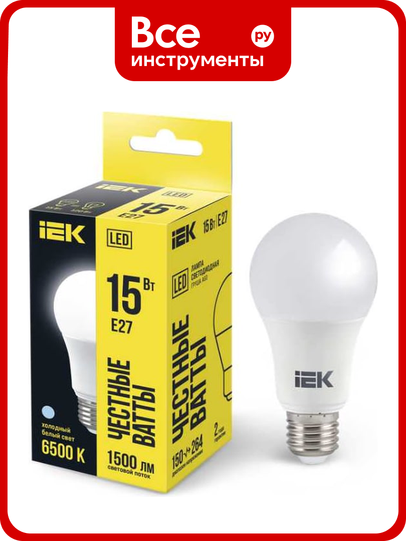 Лампа IEK LED A60, 15вт, 230В, 6500К, E27 LLE-A60-15-230-65-E27, 15 Вт, для использования в осветительных