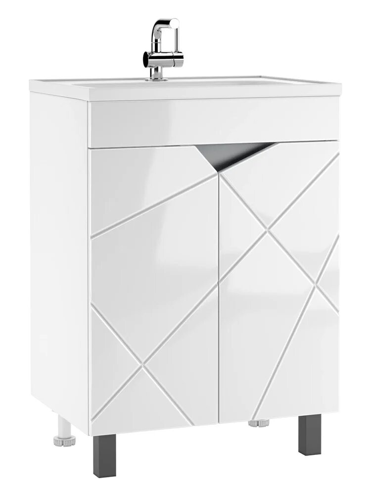 Тумба с раковиной Домино DN2600T 60 напольная, 60 см, белая, глянцевая, из МДФ, с дверками, раковина для ванной, прямоугольная