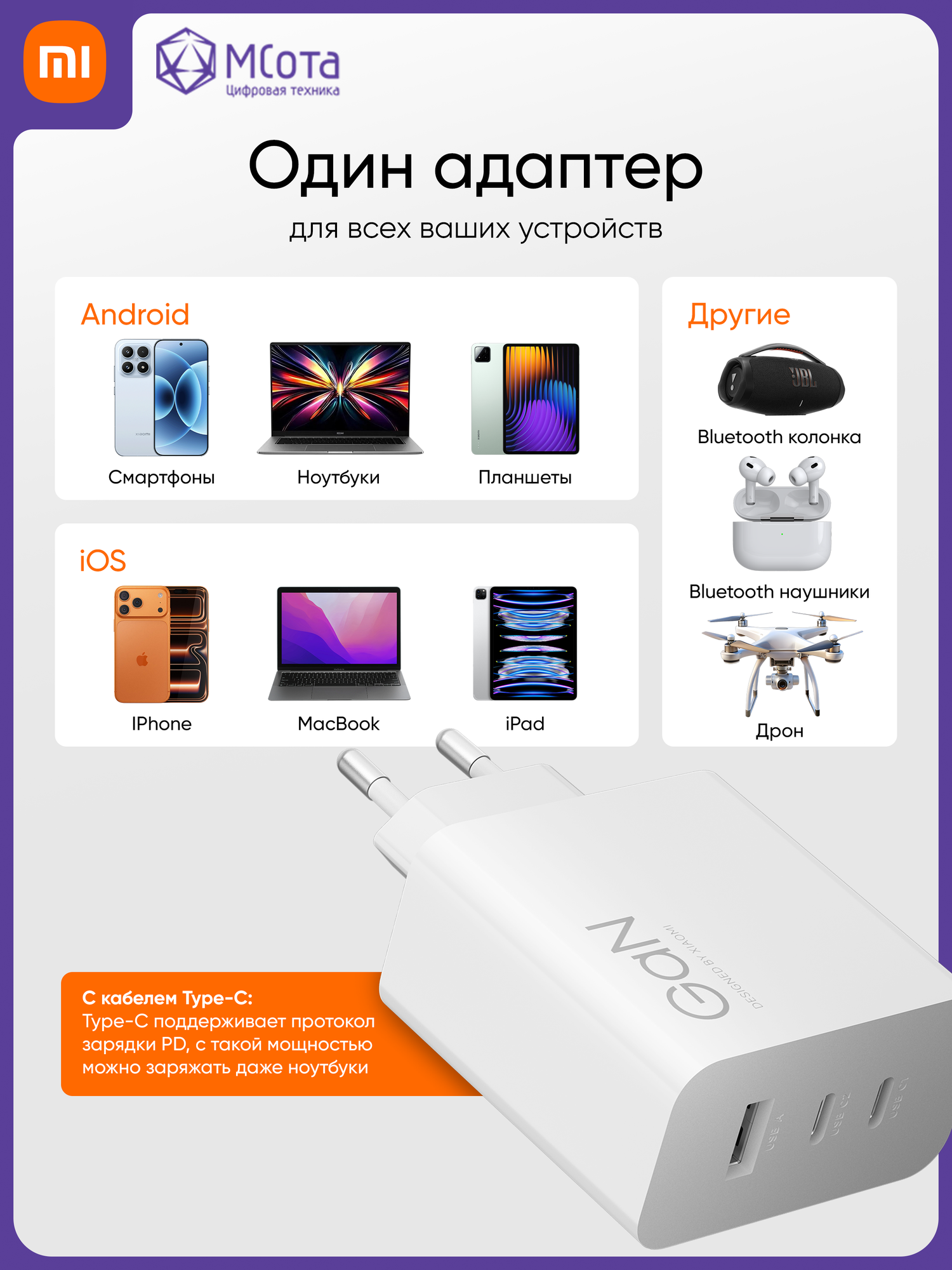 Сетевое зарядное устройство Xiaomi 90W HyperCharge Power Adapter(3-Port) EU, 90 Вт, 3 порта, EU, цвет белый — фото 1