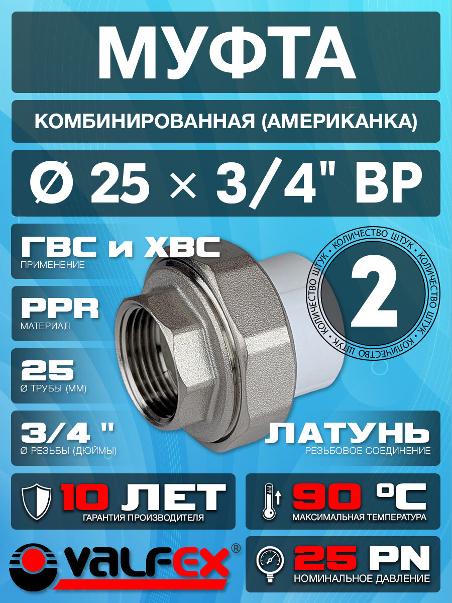 Муфта комбинированная разъемная (американка) с внутренней резьбой 25x3/4" (2 шт)