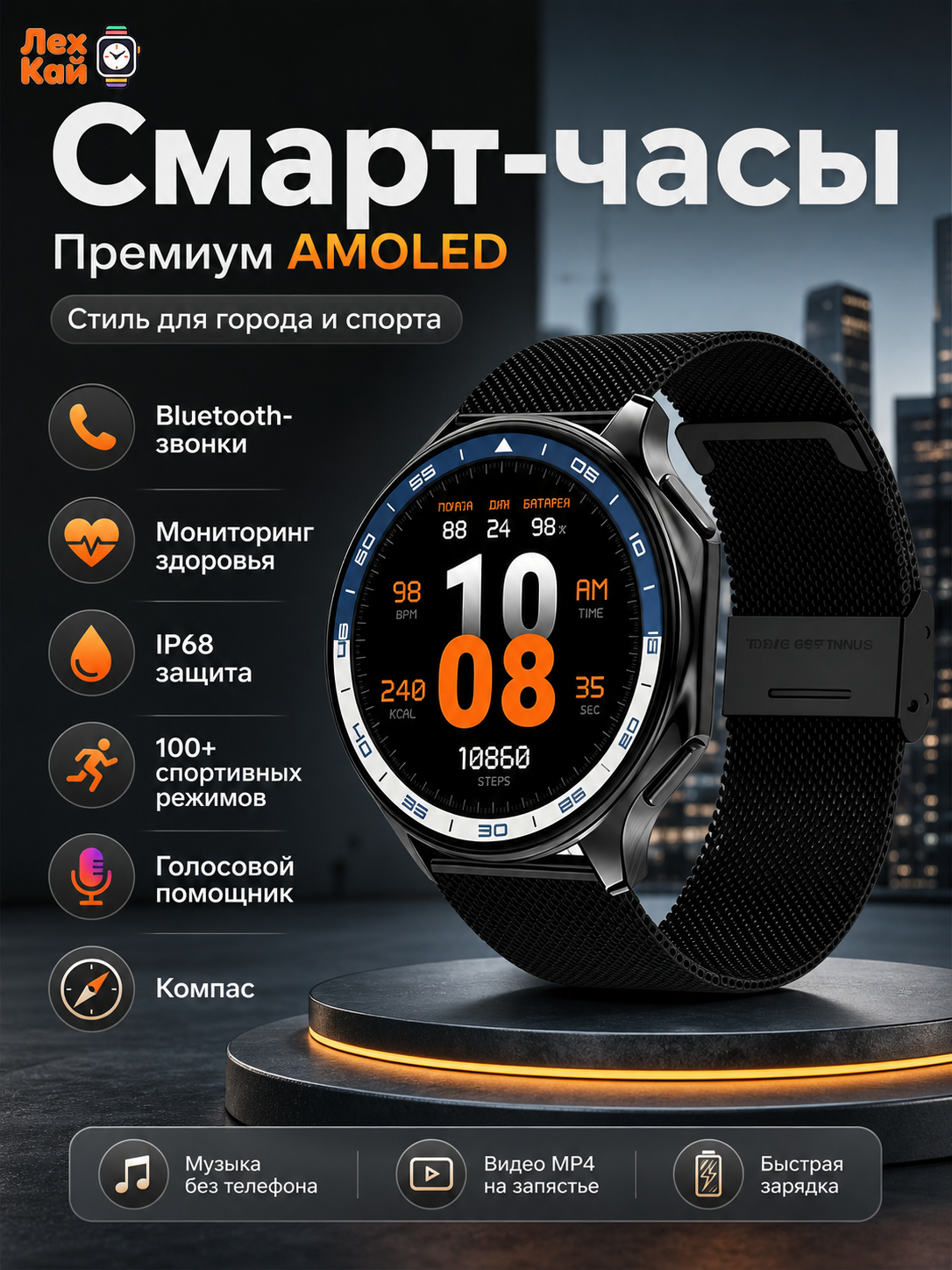 Часы Лех Кай Watch X, AMOLED, GPS, нержавеющая сталь, Bluetooth 5.3