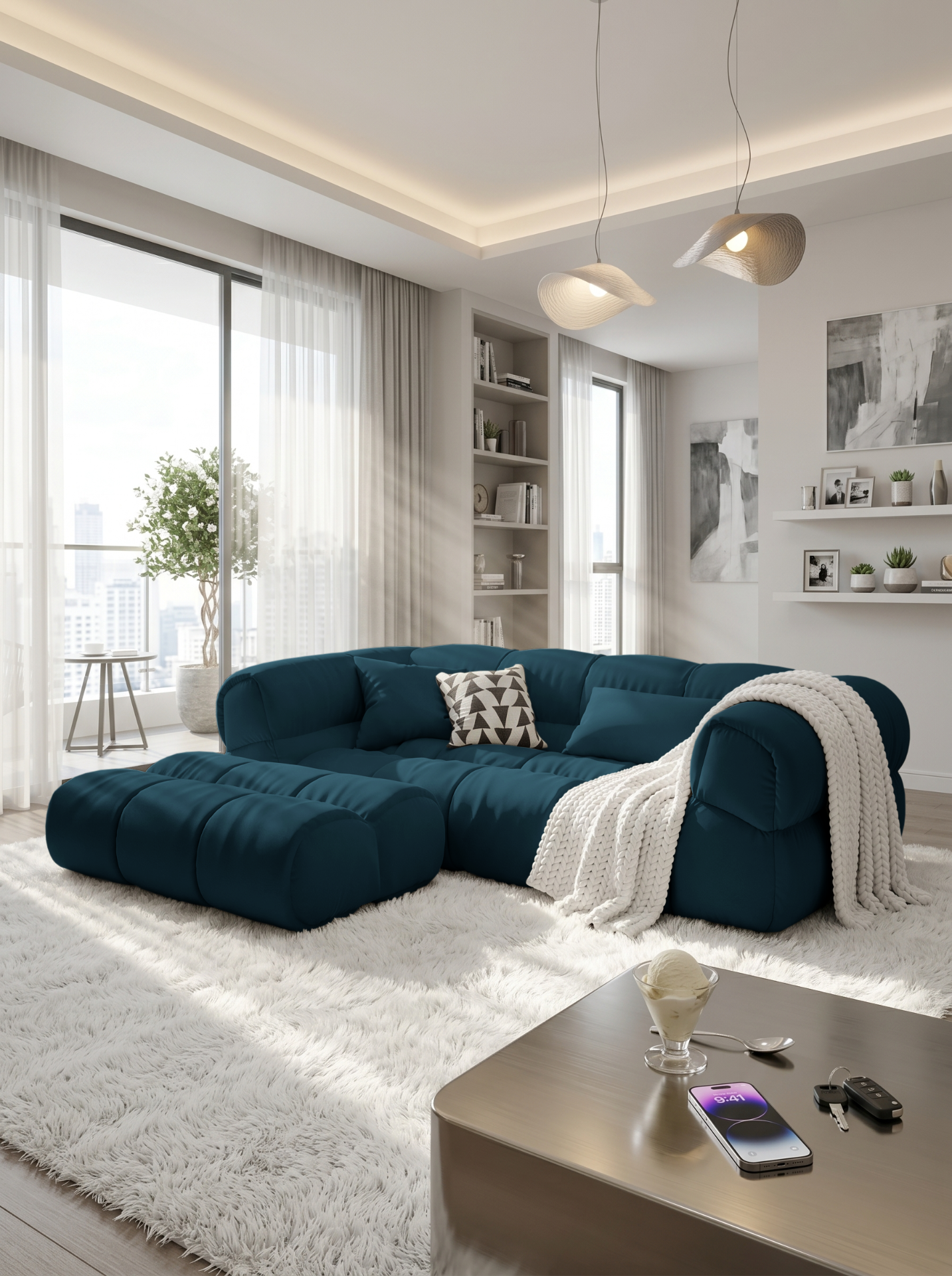 Угловой диван Шелби Velutto 54 NOW 239x174x72 см, синий Велютто, нераскладной Фиеста