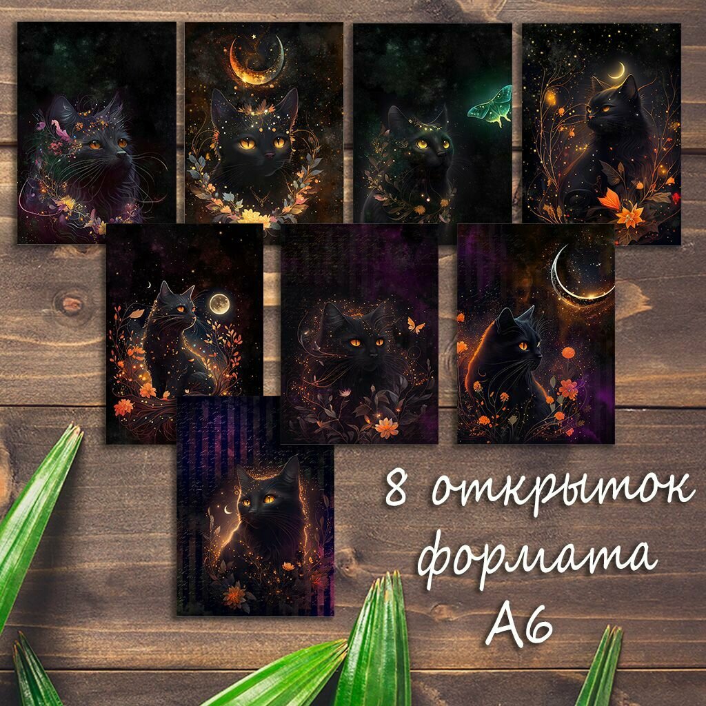 Большой набор открыток Чёрный кот, 8 штук