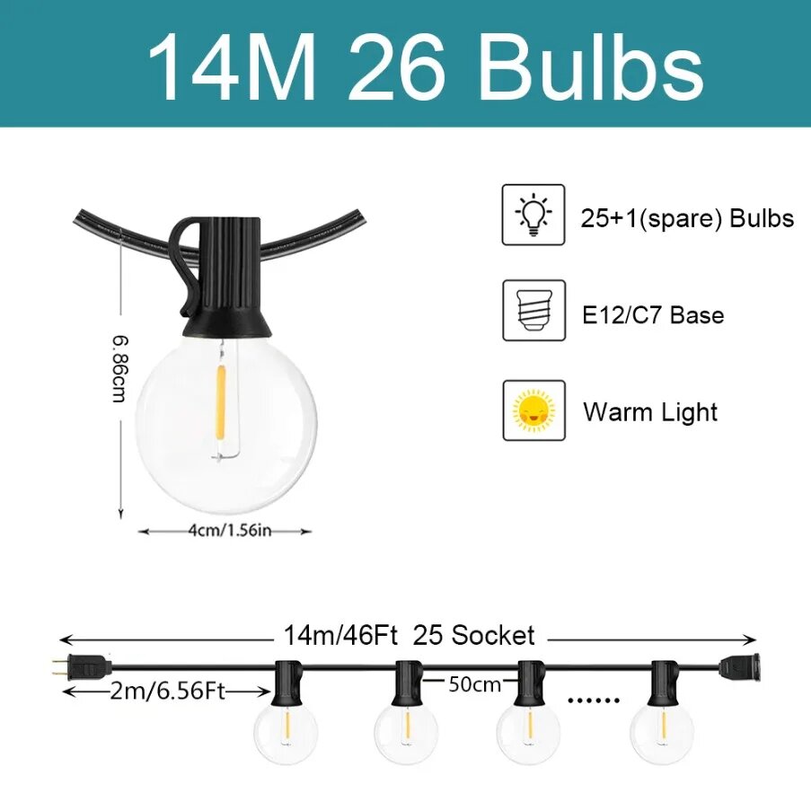 LED гирлянда KIKIELF G40 теплый белый 220В 9/14/26 м 14M 26 Bulb, EU plug 220V