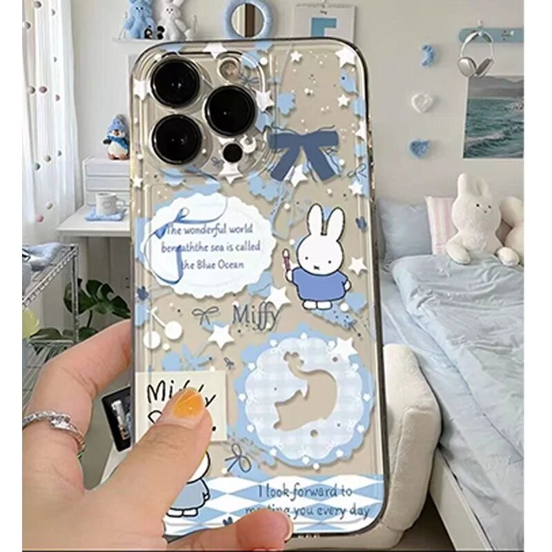 Милый мультяшный чехол Miffy с бантом и звездой для iPhone 11 12 13 14 15 16 17 Pro Max, в Корее, с кроликом