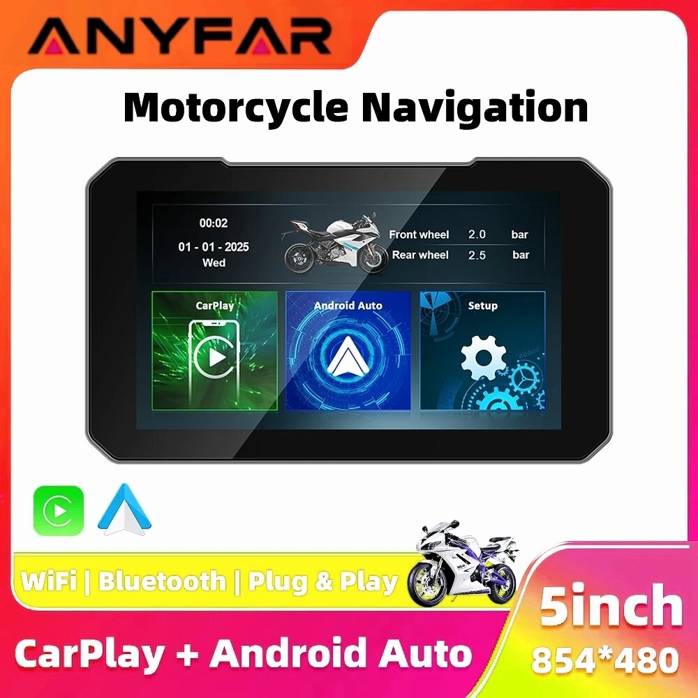 5-дюймовый портативный GPS-навигатор для мотоциклов с беспроводным CarPlay/Android Auto и сенсорным экраном