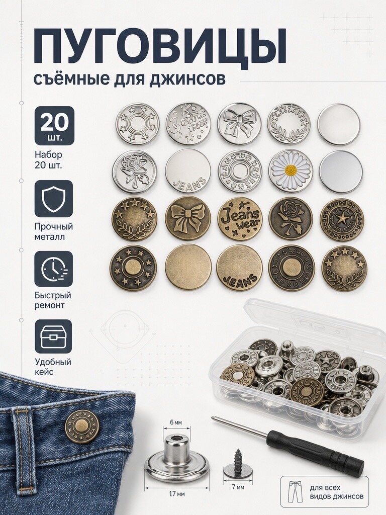 Пуговицы съемные для уменьшения талии джинс и брюк, набор 20 шт.