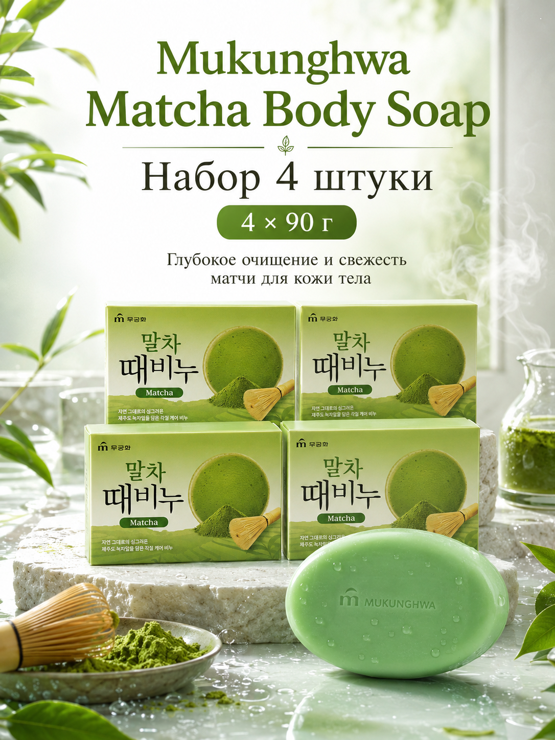 Мыло для тела с экстрактом зелёного чая Mukunghwa Matcha Body Soap, 4 штуки по 90 грамм