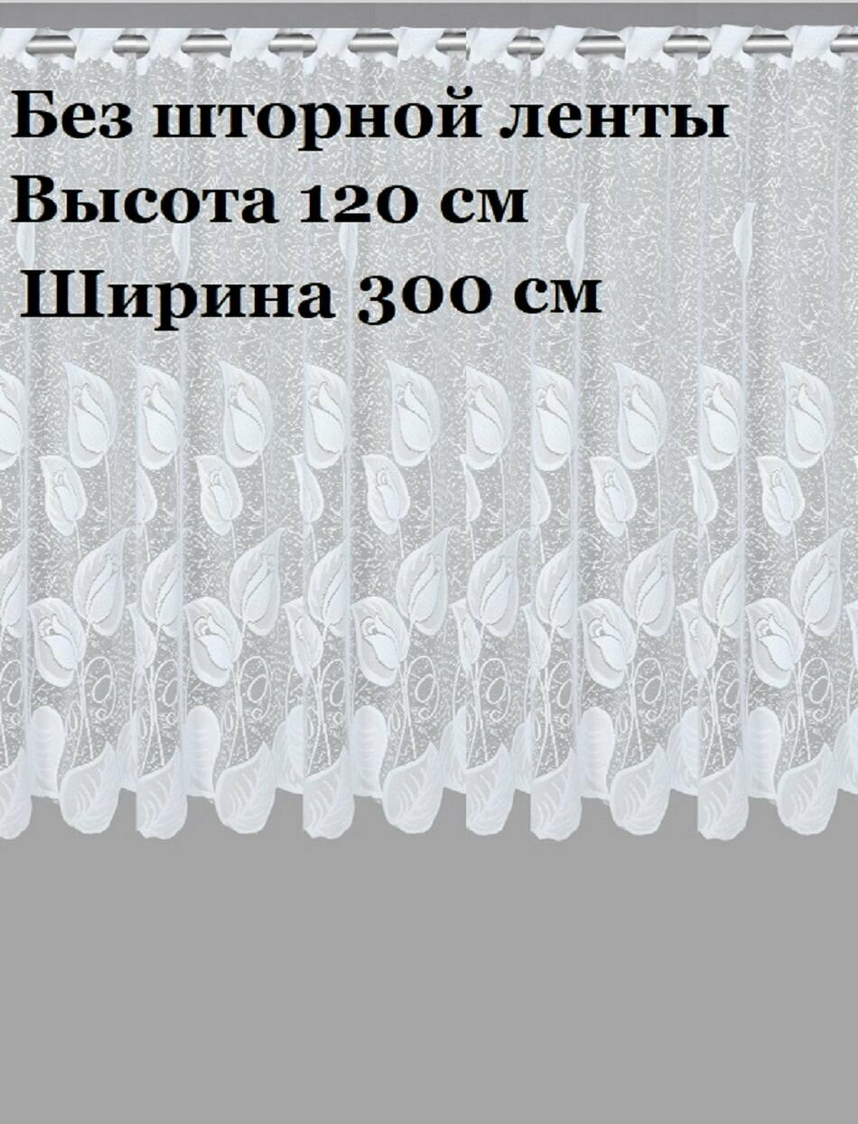Тюль сетка, короткий без тесьмы 120х300 см Листопад белый
