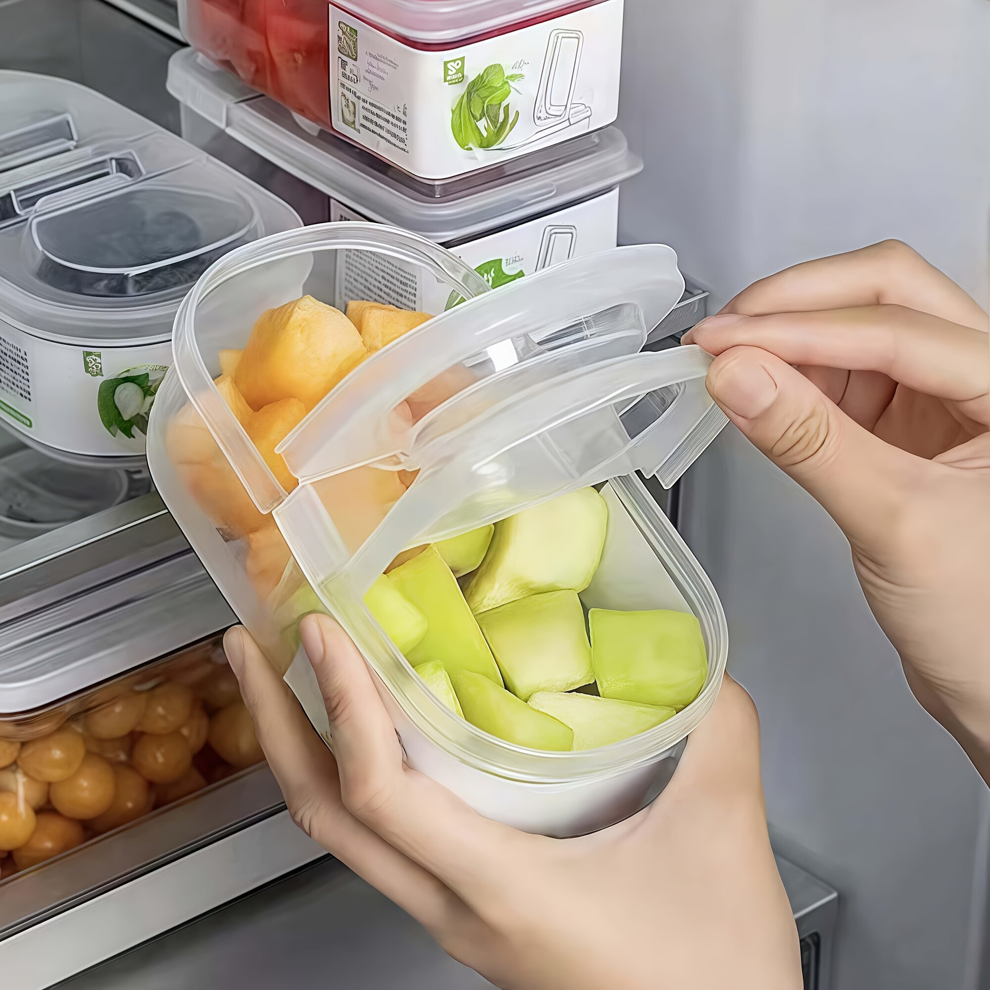 Набор из 4 прозрачных контейнеров для хранения продуктов с двойной крышкой и двумя секциями
