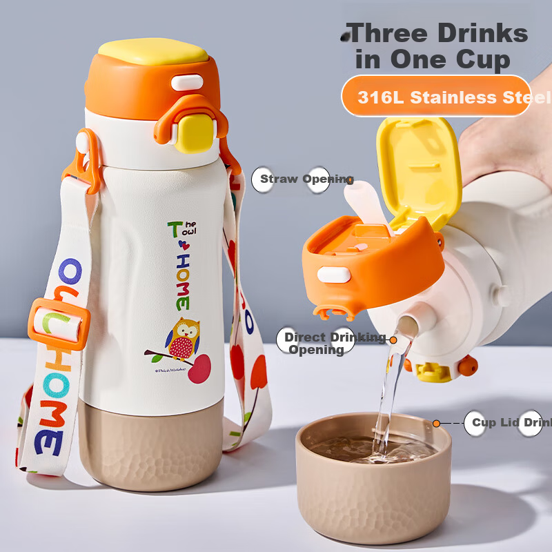 Cica Kids Изолированный водный бутылка 316L нержавеющая сталь двойная чашка для детей 6-12 лет оранжевый сова 590 мл