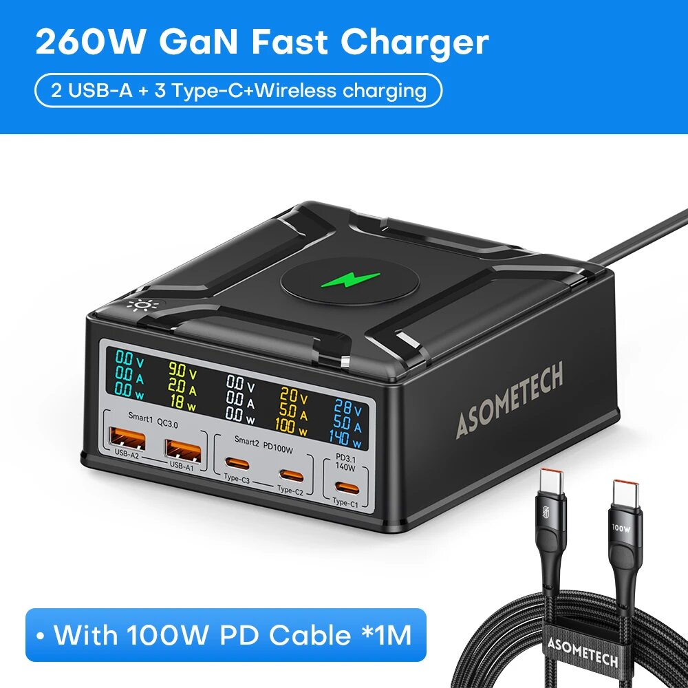 Зарядная Станция USB-C 6-в-1, 260 Вт, 45 Вт PPS, 100 Вт Быстрая Зарядка QC3.0 Для MacBook UK Plug