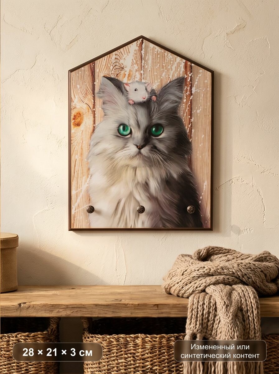 Ключница "Котик с мышкой" 21х3х28, мдф/металл коричневый