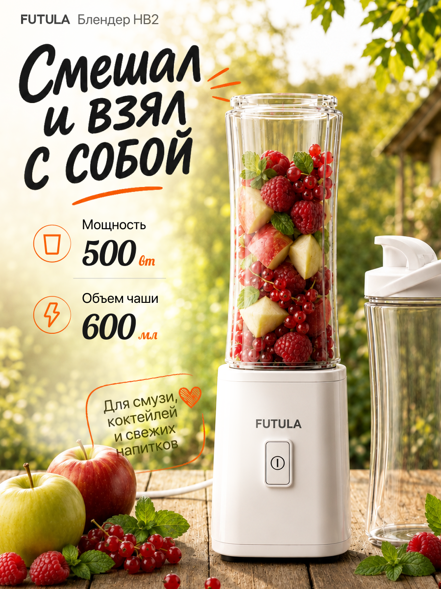 Блендер стационарный Futula HB2 белый, мощность 500 Вт, объем 600 мл, с бутылкой шейкером