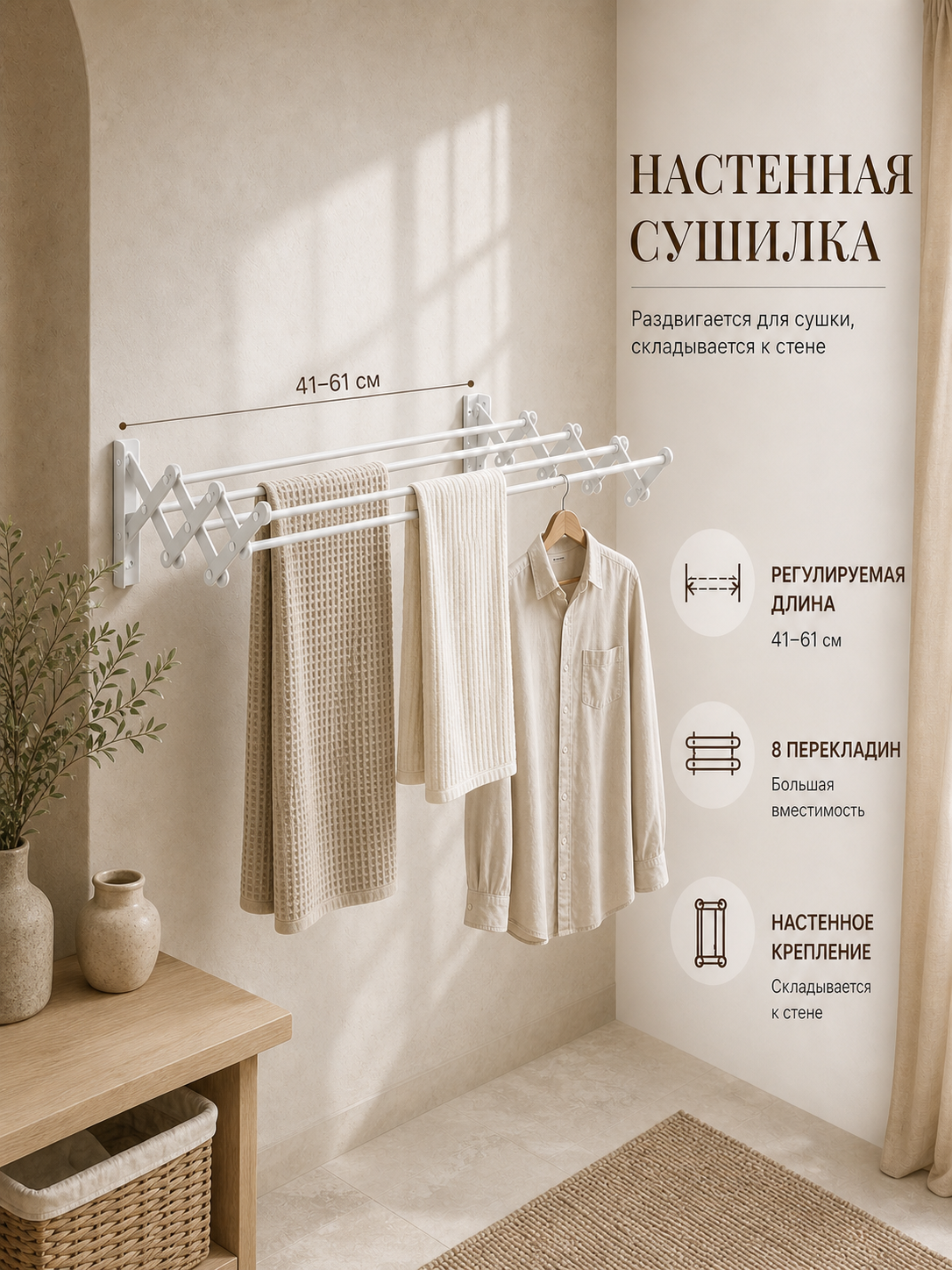 Сушилка для белья настенная складная ванную, вешалка для полотенец раздвижная, белая