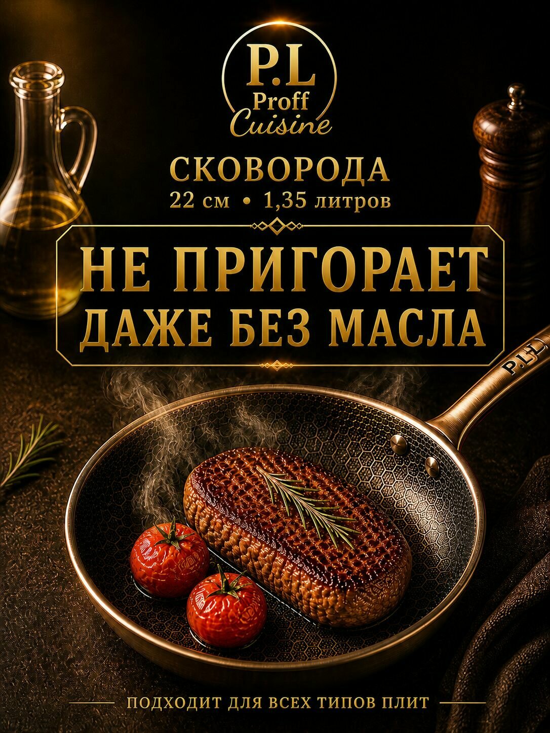 Сковорода 22 см P.L. Proff Cuisine TRI-PLY, антипригарная, нержавеющая сталь, для индукции, газ, электрическая плита