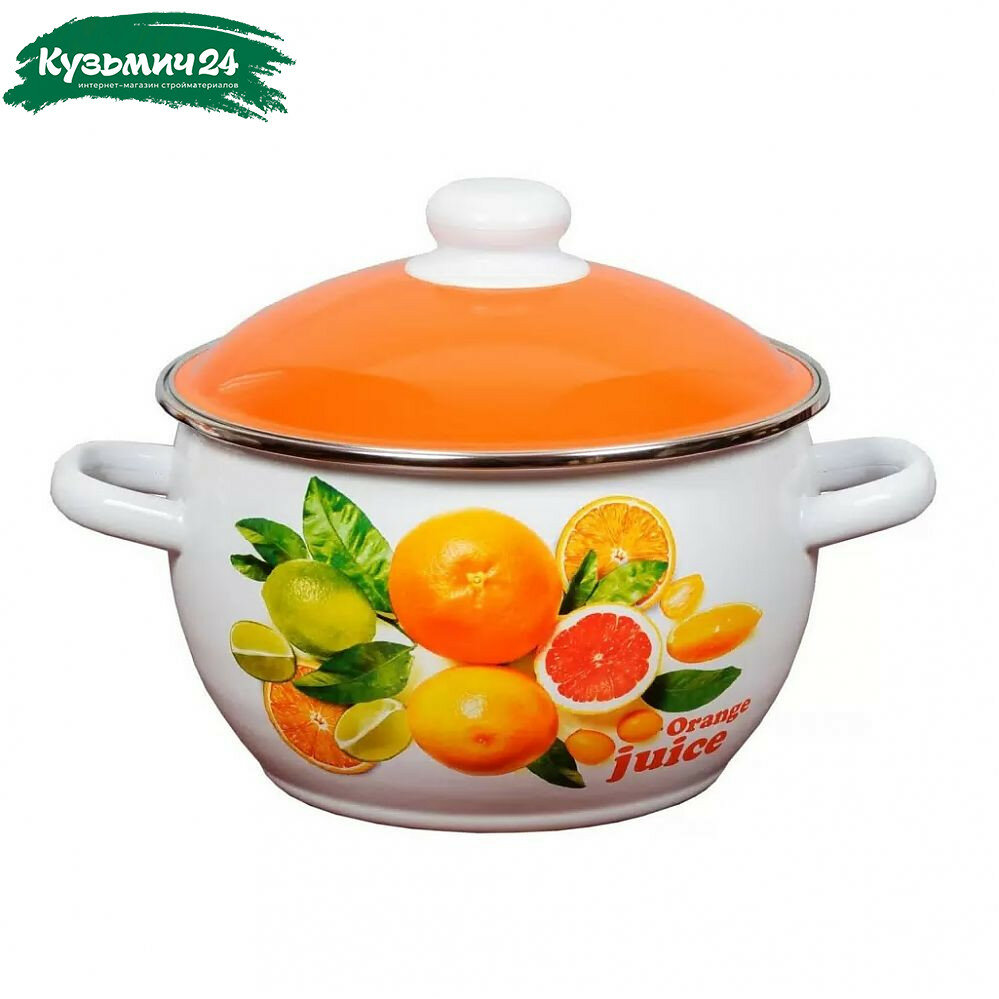 Кастрюля эмалированная СтальЭмаль Orange 515027, 4 л, крышка сталь, белая