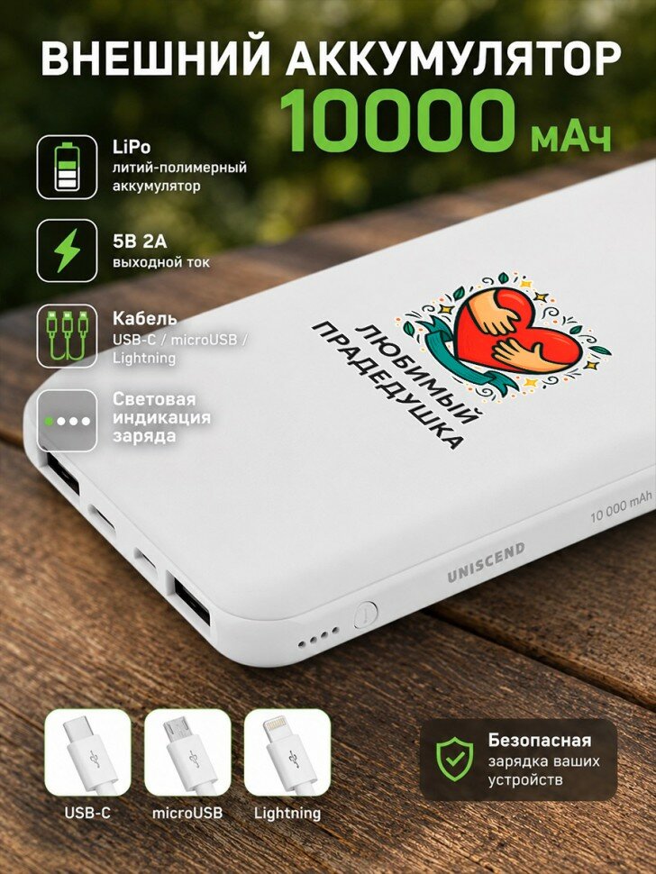 Внешний аккумулятор Power Bank 10000 мАч с надписью "любимый прадедушка"