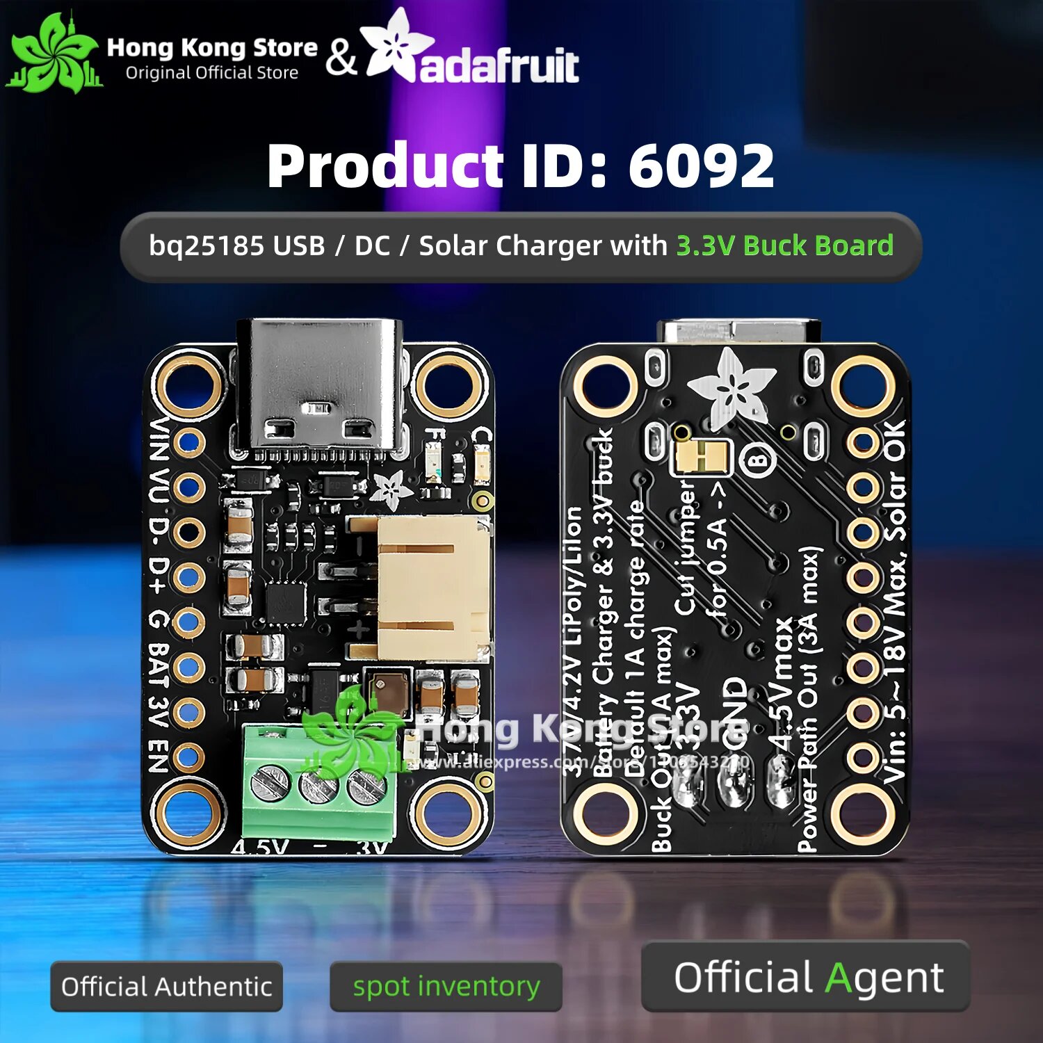 Adafruit bq25185 USB/DC/Solar Charger Board 6092 3.3V Buck Board