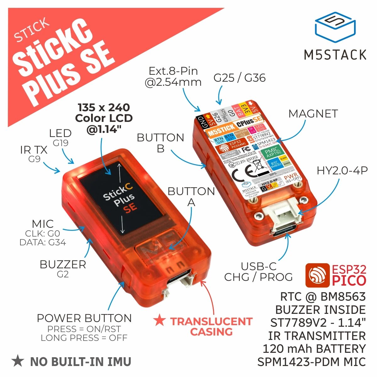 Официальный комплект для разработки IoT M5StickC Plus SE Mini от M5Stack (ESP32-PICO) с 1,14-дюймовым LCD-дисплеем, Wi-Fi, RTC, ИК-микрофоном и аккумулятором 120 мАч