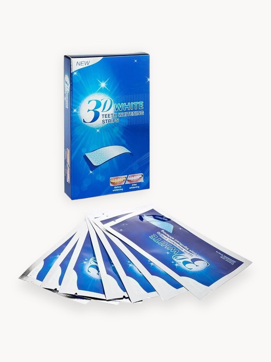 Отбеливающие полоски для зубов 3D WHITE Gel в упаковке 7 пар, в каждой 1 верхняя (более длинная) и 1 нижняя полоска
