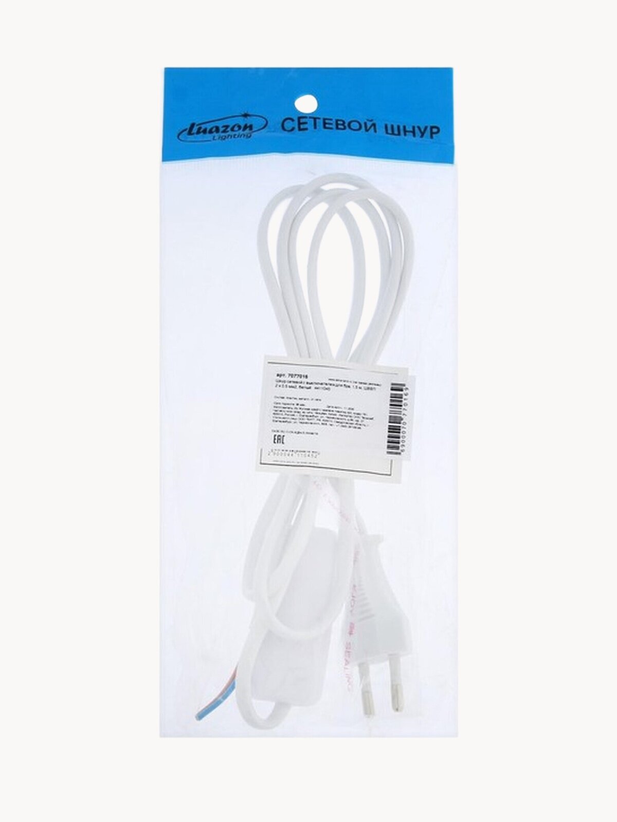 Шнур сетевой с выключателем для бра, 1,5 м, ШВВП 2 х 0.5 мм2, белый