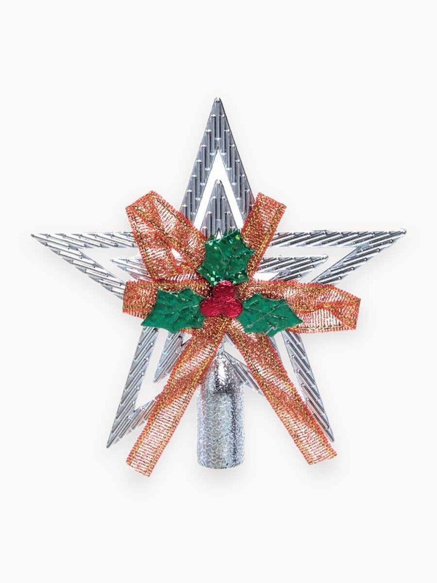 Серпантин Звезда на ёлку Классика с бантом 9.5 см серебро 201-1095 для праздничного декора