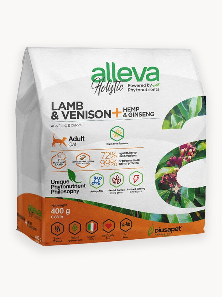 Сухой корм для кошек Alleva Holistic Cat Adult Lamb & Venison, с ягненком и олениной, коноплей и женьшенем - 400 г