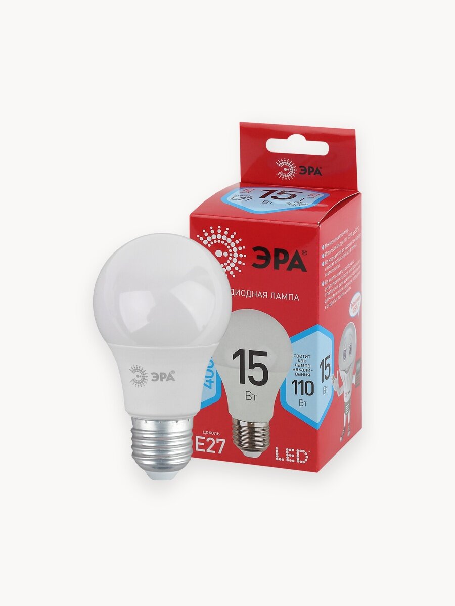 Лампочка светодиодная ЭРА LED Е27 A60 15Вт груша 4000К нейтральный белый свет, 1 шт
