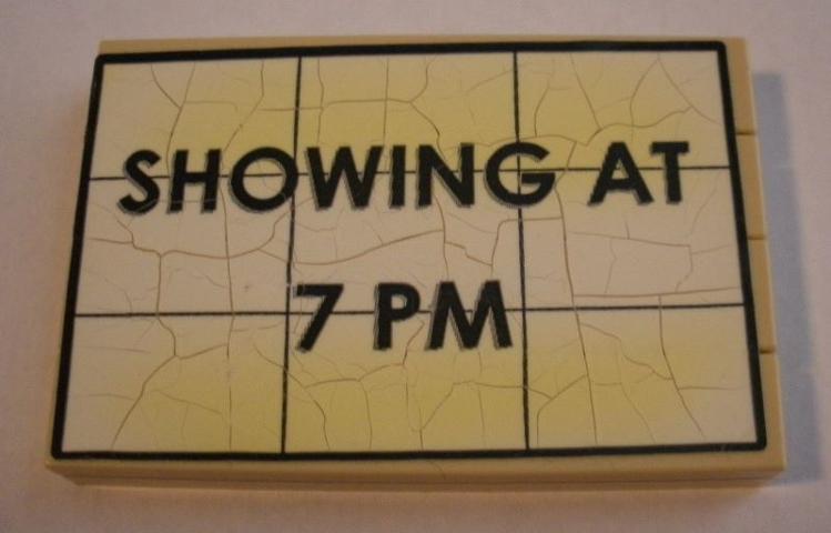 Деталь Lego BA095pb01 Stickered Assembly 6 x 4 x 2/3 with 'SHOWING AT 7 PM' Pattern (Sticker) - Set 10184 - 1 Plate 4 x 6, 4 Tile 1 x 6