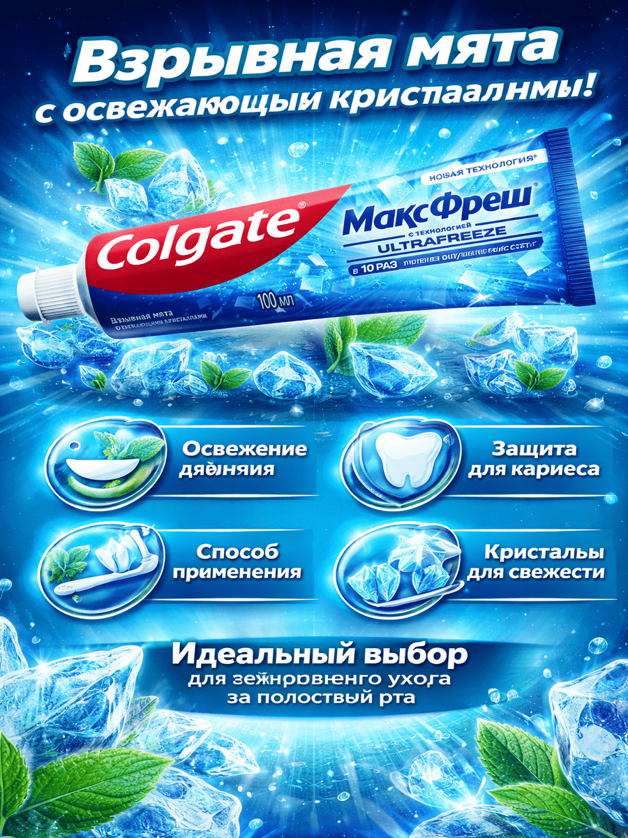 Зубная паста Colgate Макс Фреш Взрывная мята с освежающими кристаллами для свежего дыхания и защиты от кариеса, 100мл