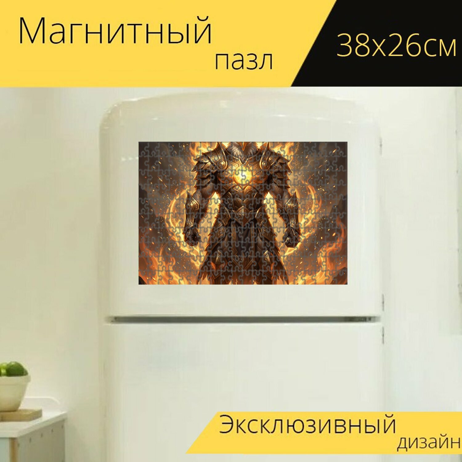 Магнитный пазл "Пылающий орёл в доспехах. Эпичный фэнтезийный герой с орлиной головой в роскошных золотых латах, окружённый языками пламени и ярким." для интерьера, 38х26 см.
