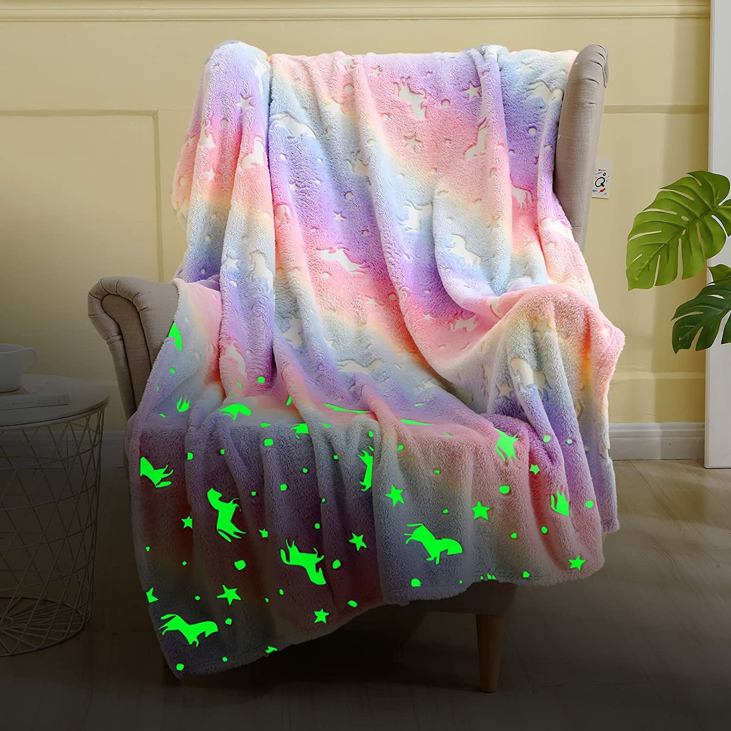 О Glow in The Dark для девочек 60"x50" люминесцентный радужный розовый, подарок на День Святого Валентина, Пасху, Рождество, День рождения для девочек 1-12 лет, младенцев, детей, микрофибровый фланель, 1 штука, размер кровать, машинная стирка, вес 16
