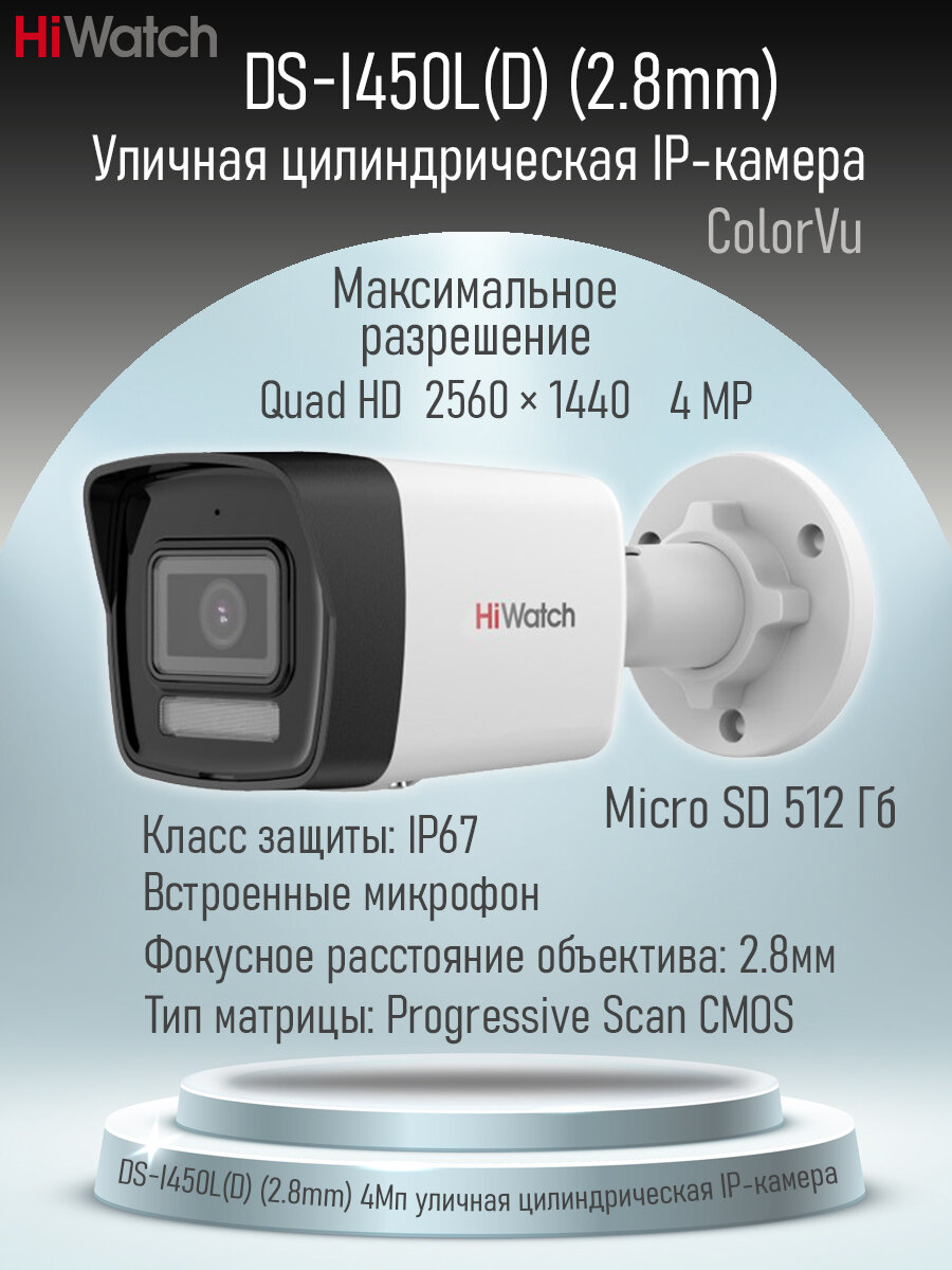 HiWatch DS-I450L(D) (2.8 mm) 4Мп IP Камера видеонаблюдения уличная со слотом под micro sd карты и встроенным микрофоном