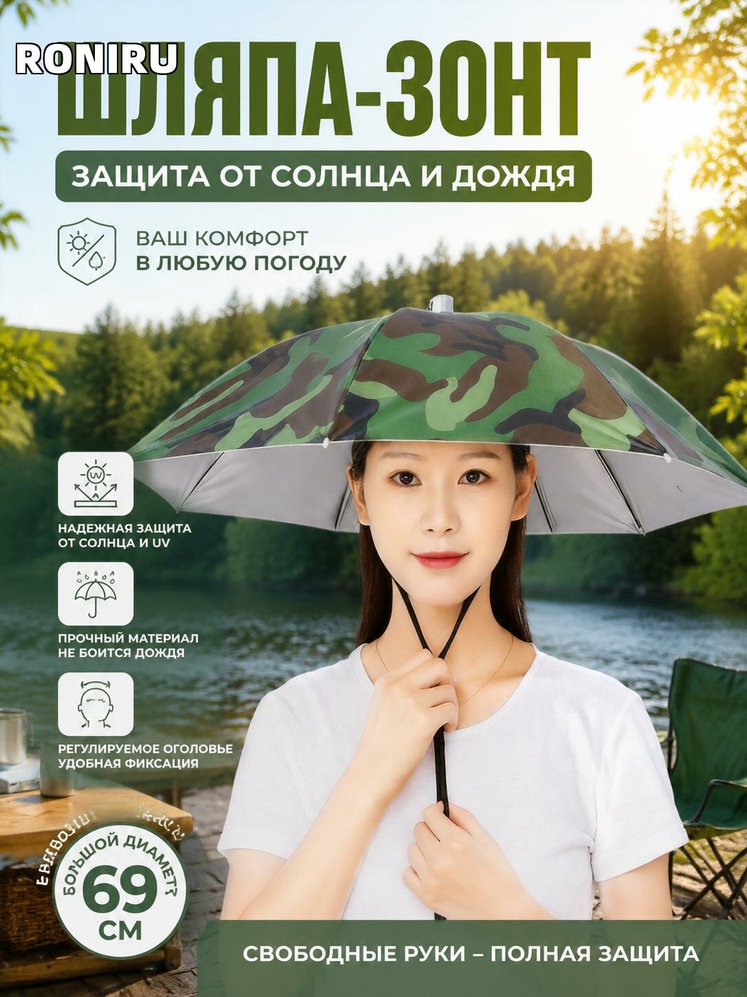 Шляпа-зонт для взрослых, защита от солнца и дождя с регулируемым оголовьем и большим покрытием 69 см