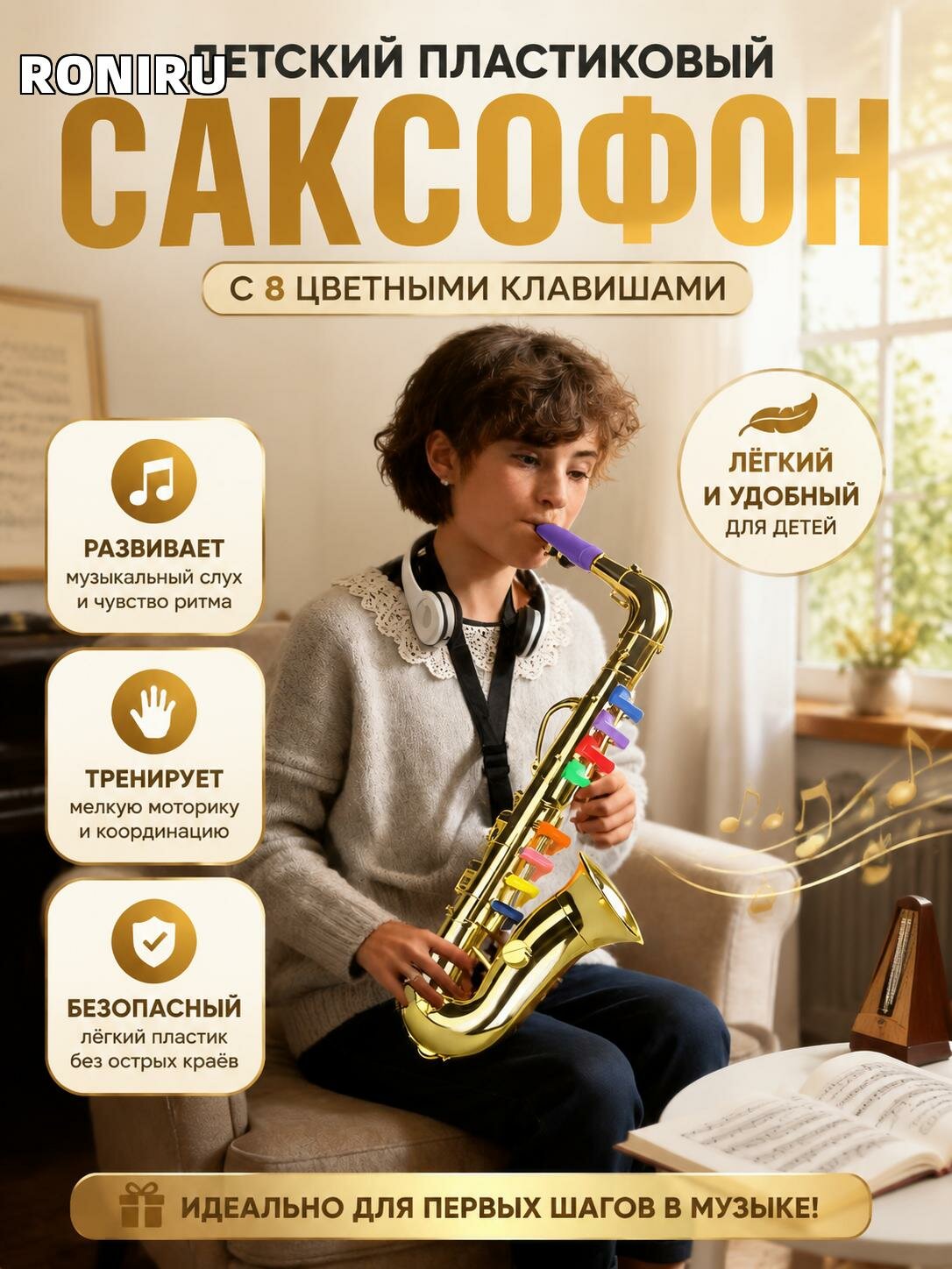 Детский пластиковый саксофон с 8 цветными клавишами — лёгкий инструмент для сцен и развития чувства ритма у детей