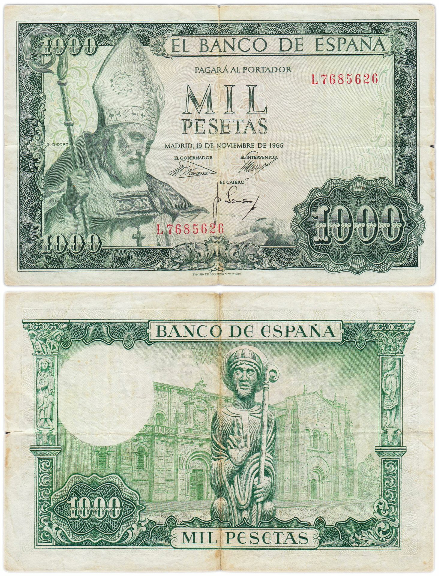 Испания 1000 песет 1965 Pick 151 "Святой Исидор" Бартоломе Эстебан Мурильо, Базилика Святого Исидора