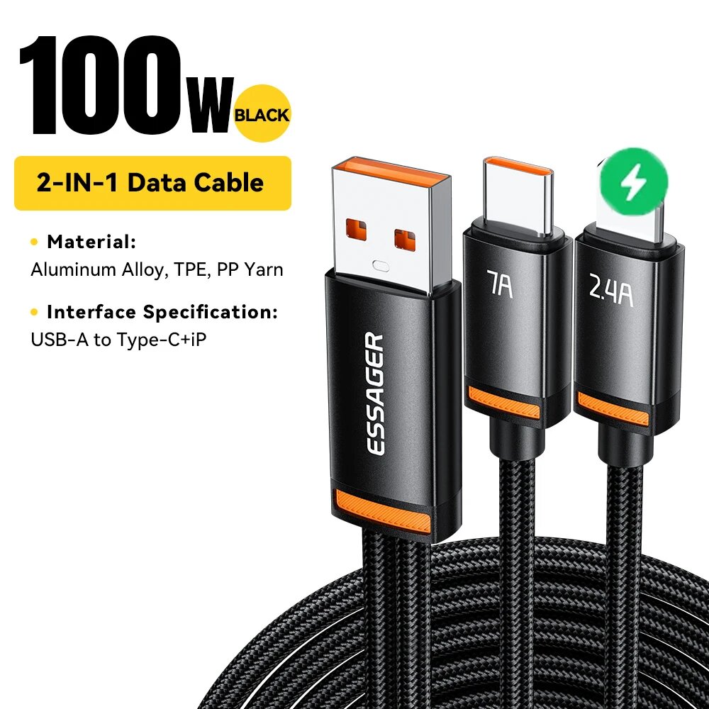 Essager 100W 2-в-1 USB-A to Type-C кабель, Black