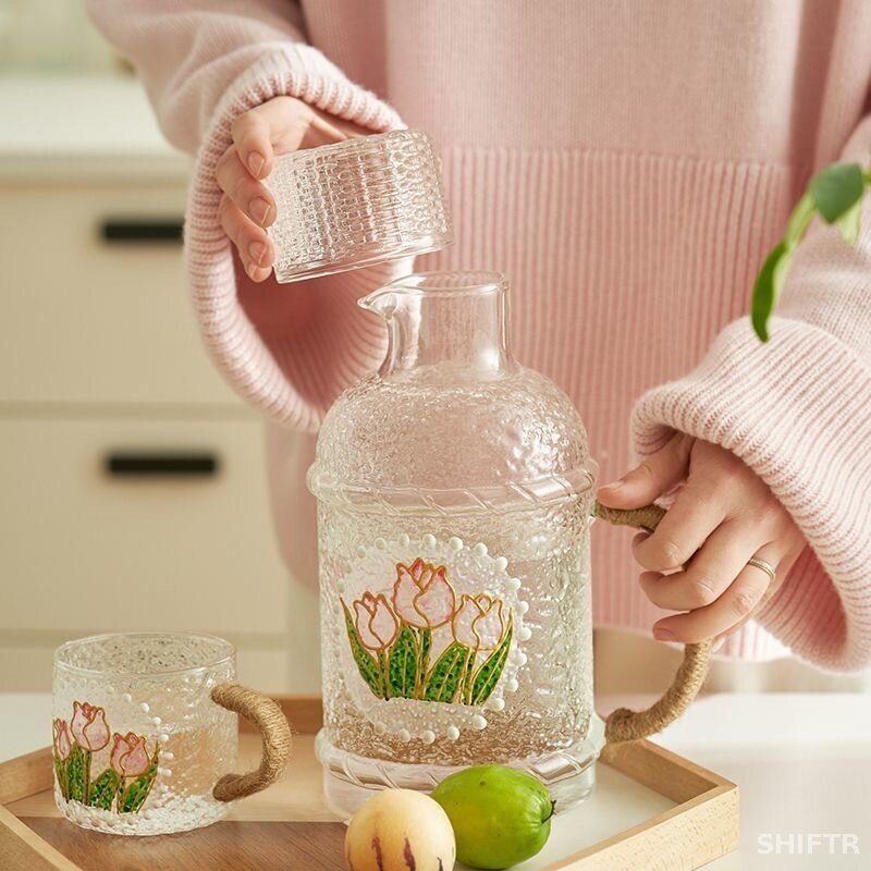Kувшин для воды，2200ml，Стеклянный материал，Тюльпаны с ручной росписью，Кувшин*1 шт+чашка*2 шт，Можно нагревать