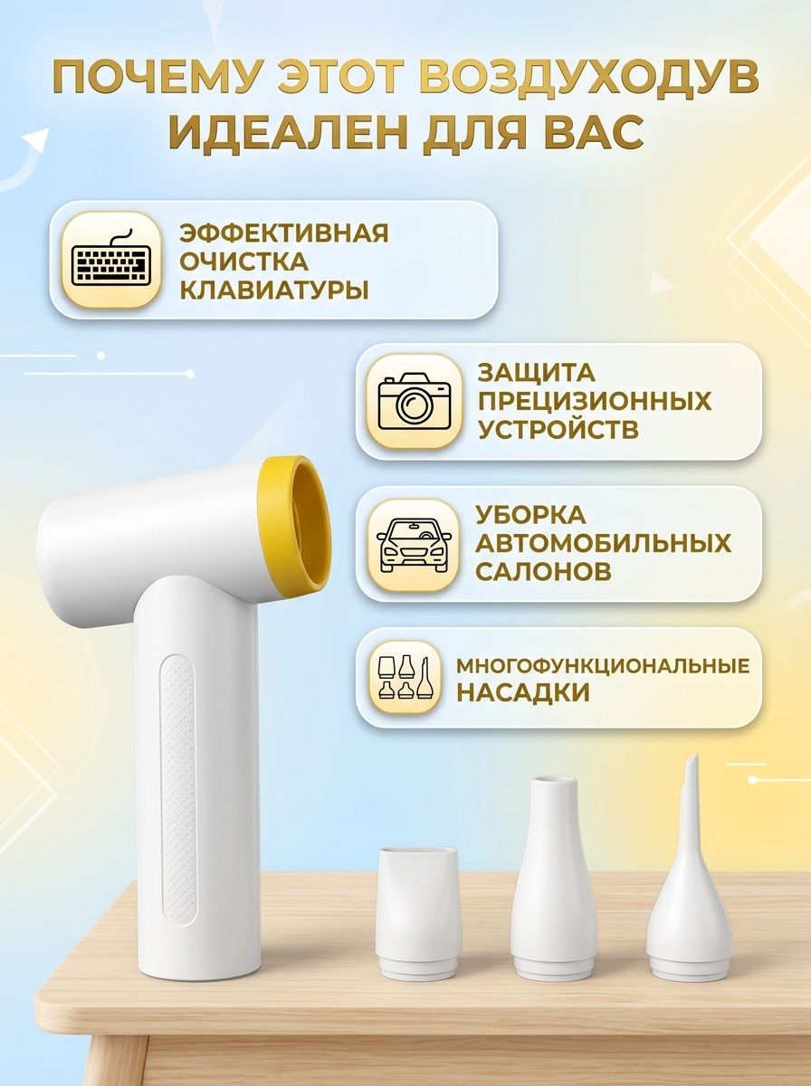 Беспроводной мини фен LS-095, 3 скорости потока, 80000 об/мин, Type-C зарядка, 2 насадки, без нагрева