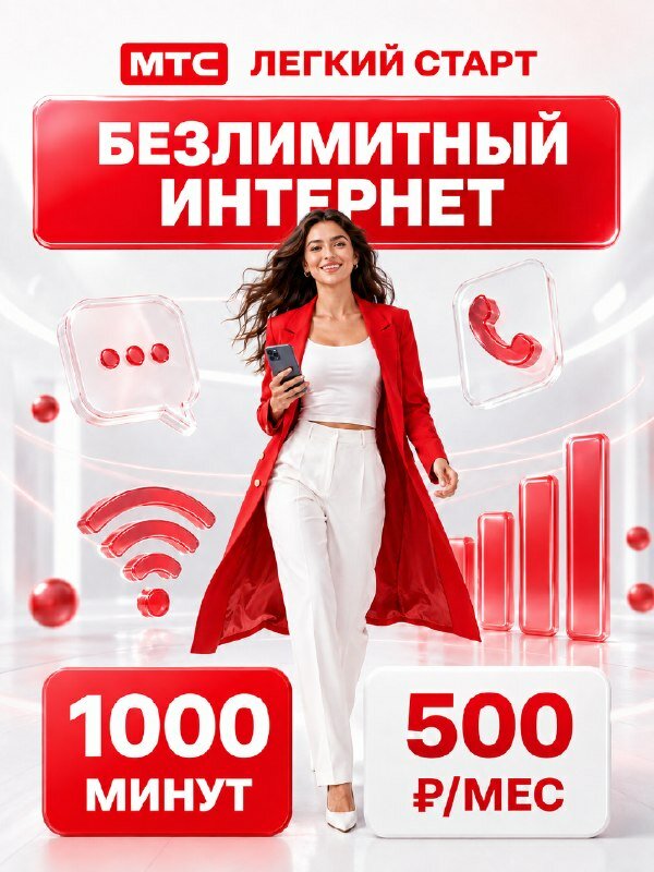 Сим карта МТС тариф "Л-Старт" для телефона, безлимит,1000 минут