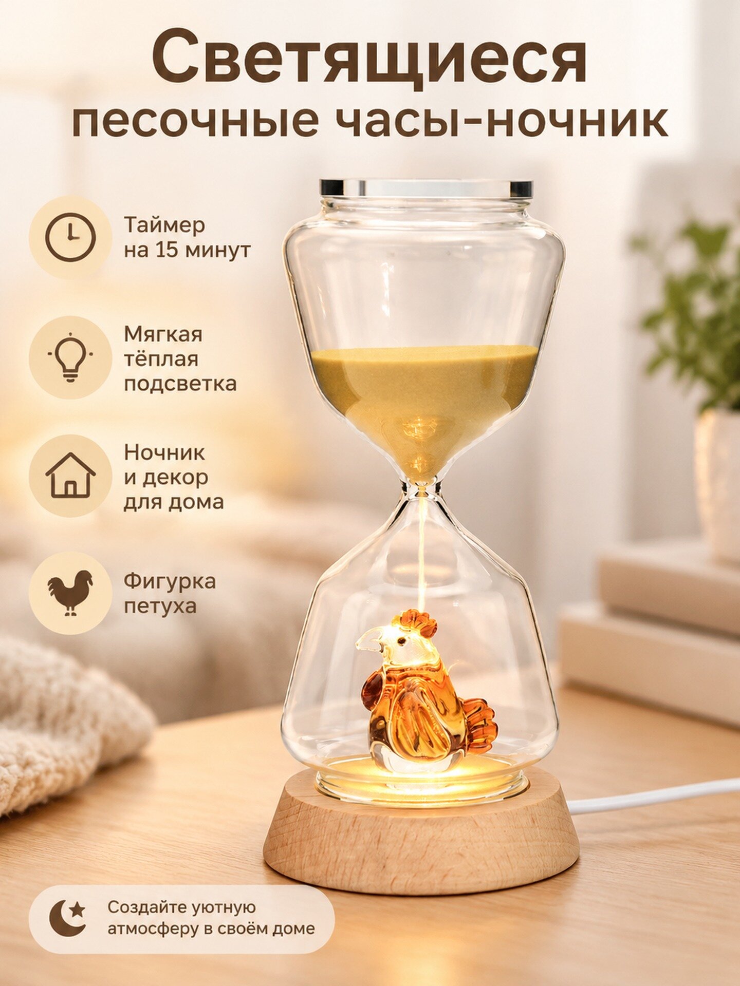 Ночник-песочные часы светящиеся, с фигурой петуха, таймер на 15 минут, с подсветкой